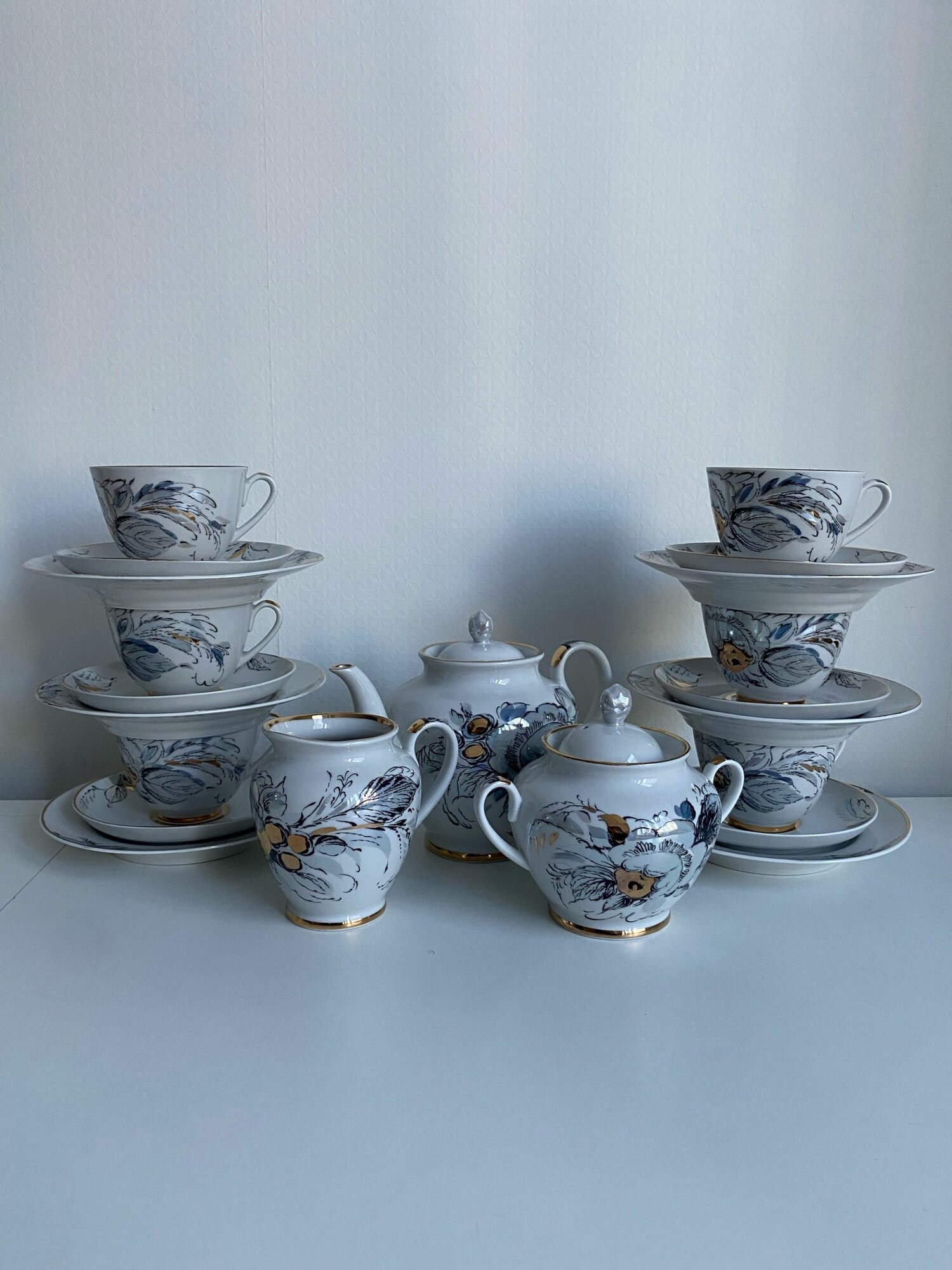 Чайный сервиз "Лунный" ЛФЗ. Фарфор. СССР. На импорт. 6 персон. 21 предмет. Полный комплект.