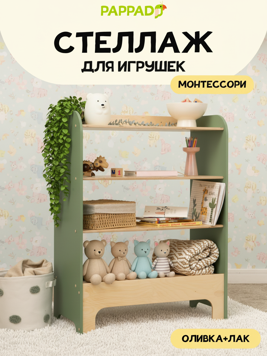 Стеллаж PAPPADO для книг и игрушек деревянный с полками, оливковый/лак