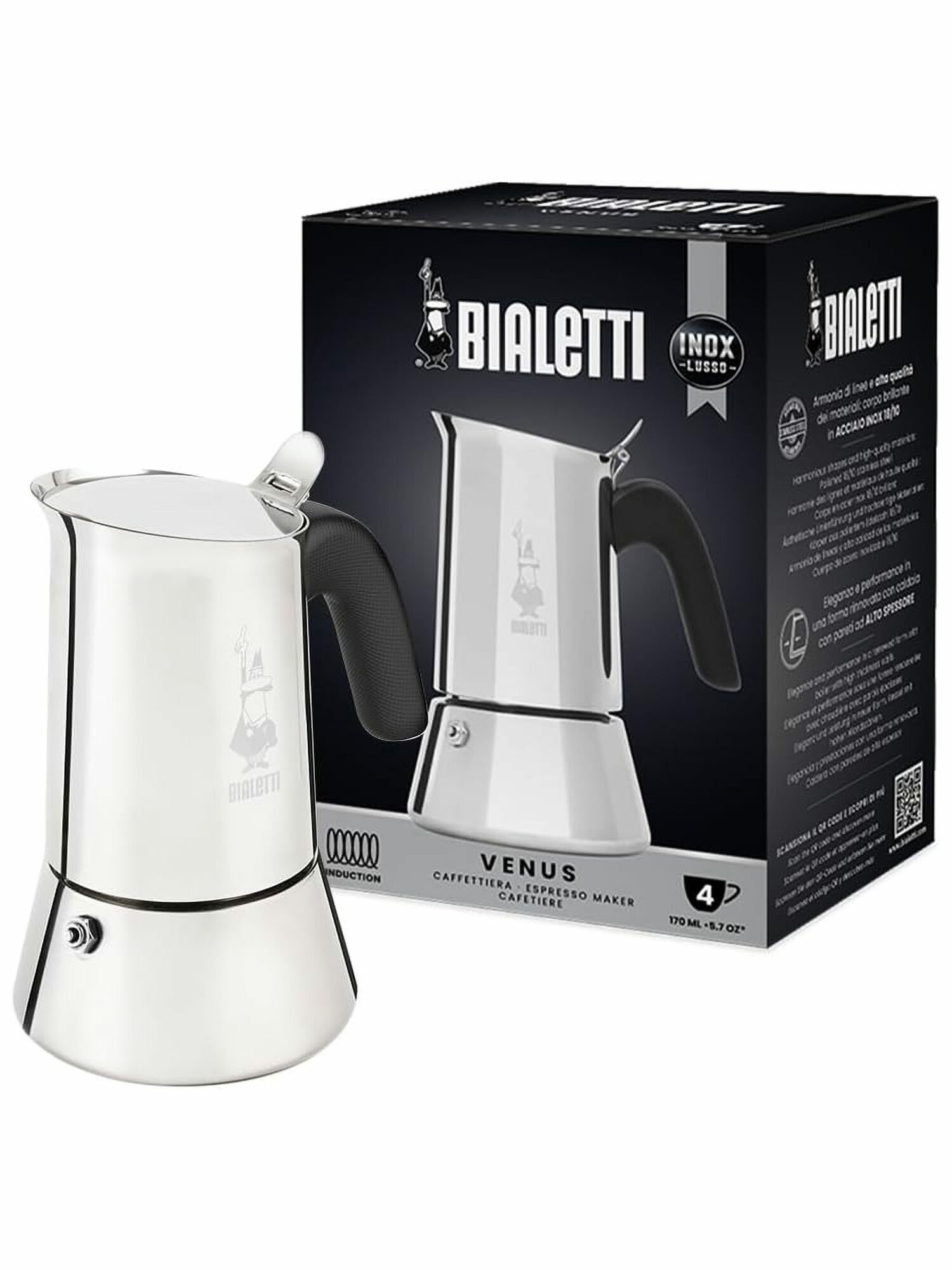 Гейзерная индукционная кофеварка Bialetti Venus серебро, на 4 чашки, 170 мл