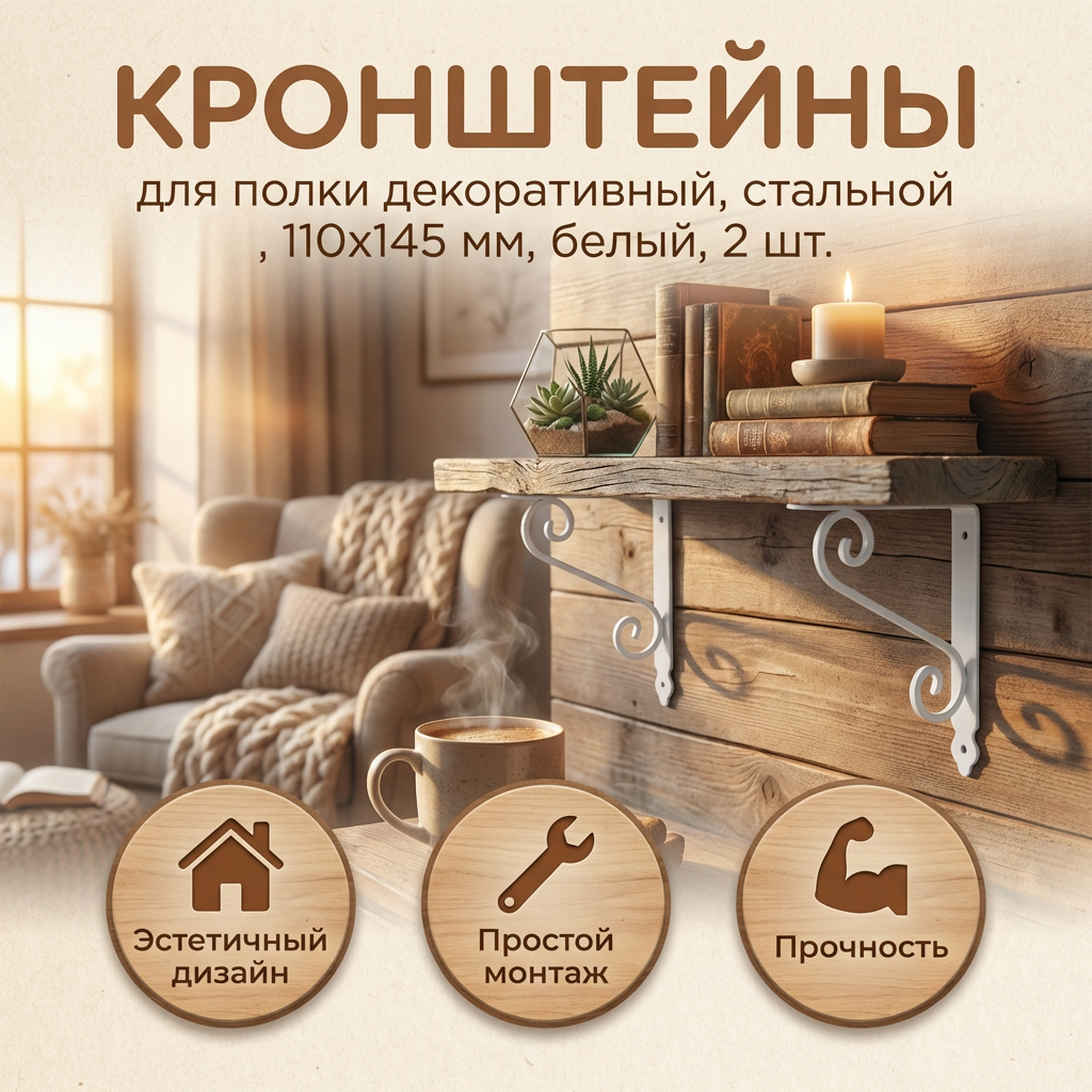 Кронштейн для полки, декоративный, стальной , 110x145 мм, белый, 2 шт