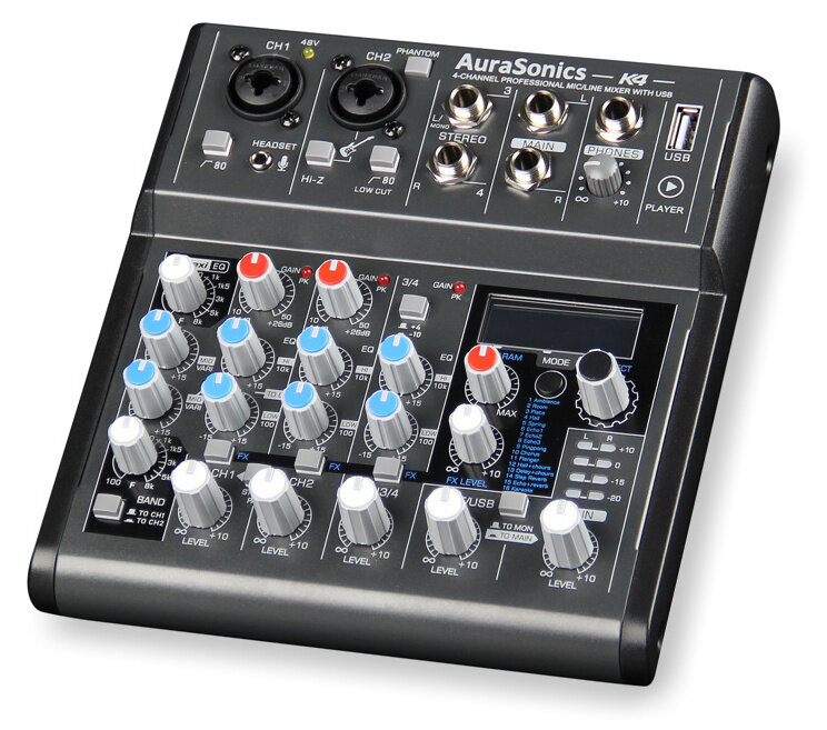 AuraSonics K4 - компактный микшерный пульт 2 мик.+1 лин. стерео+FXстерео+дополнительный стереоканал с