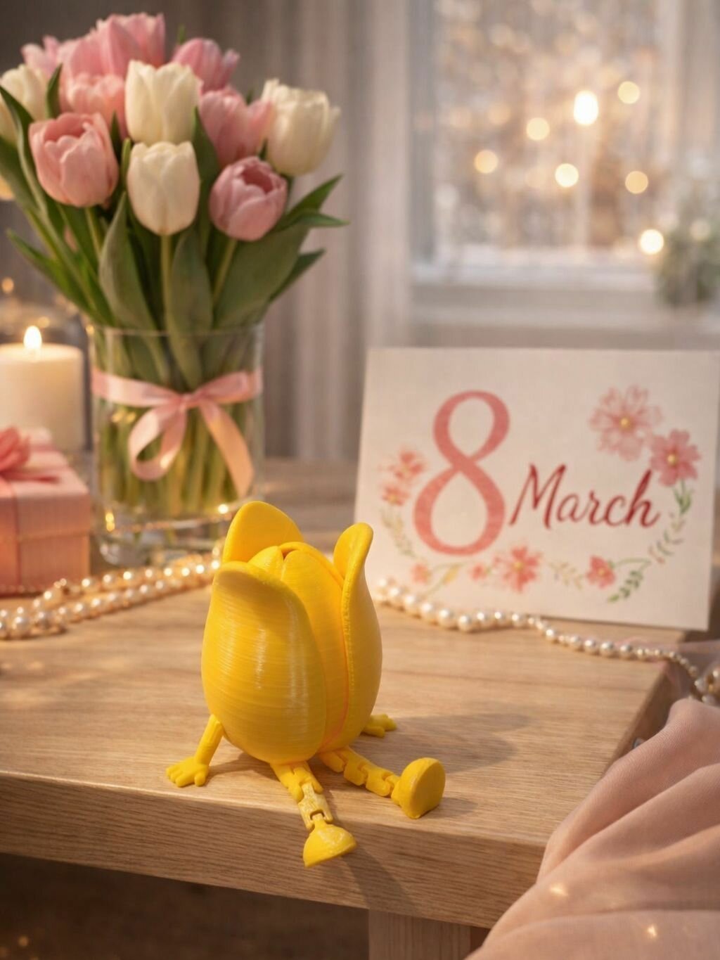 Тюльпан желтый с ножками 3D мини фигурка 7 см, подарок на 8 Марта