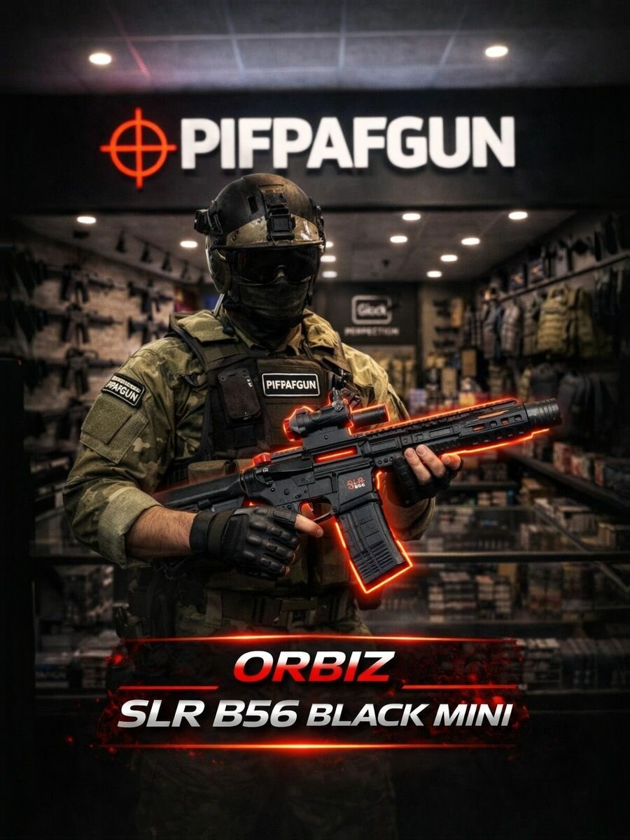 Игрушечный автомат SLR B56 MINI BLACK, гидрогелевые шарики 78 мм, АКБ + взвод затвора, очередь + одиночные, магазин 200, USB-зарядка, имитация отдачи, складной приклад, 7+