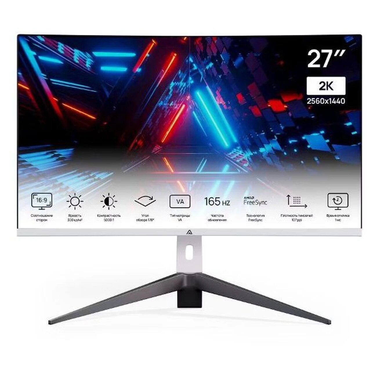 Монитор 27\ ABR MC27GQC-i2 VA 2560x1440, 165 Гц, 1 мс, 16:9, 300 кд/м², 2xHDMI, 2xDP 1.4, HDR, изогнутый экран (1500R), VESA 100x100, белый