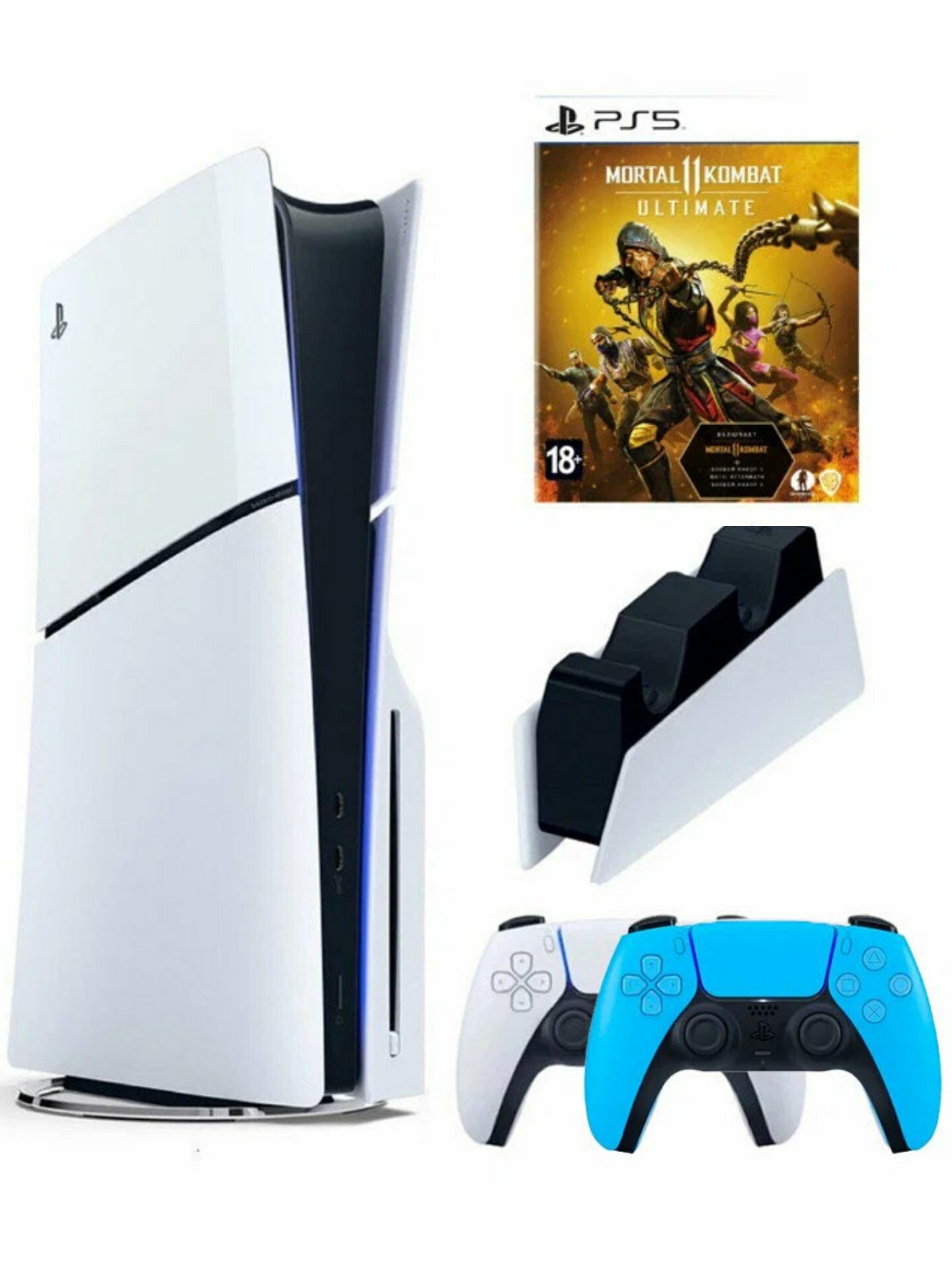 PS5 (ПС5) Игровая приставка Sony PlayStation 5 Slim disc + 2-й геймпад(голубой) + зарядное +игра Mortal Combat 11