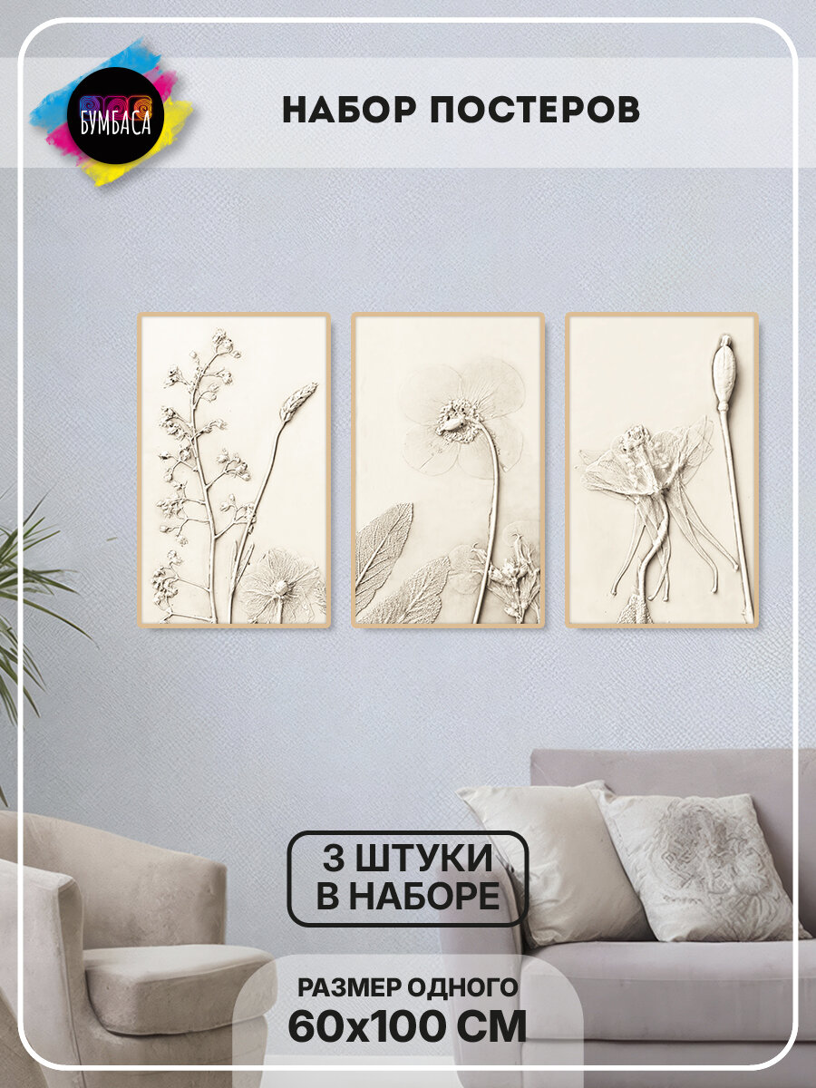 Набор постеров "Барельеф с эффектом 3d. Цветы бежевые", 60х100 см - 3 шт.