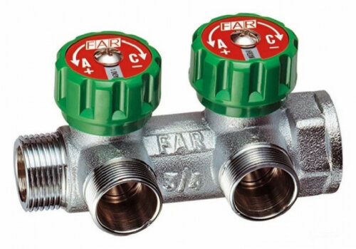 Коллектор Far 3/4" (ВР-НР) с 2 отв. 1/2" НР (межосев. 45 мм), плск. упл.
