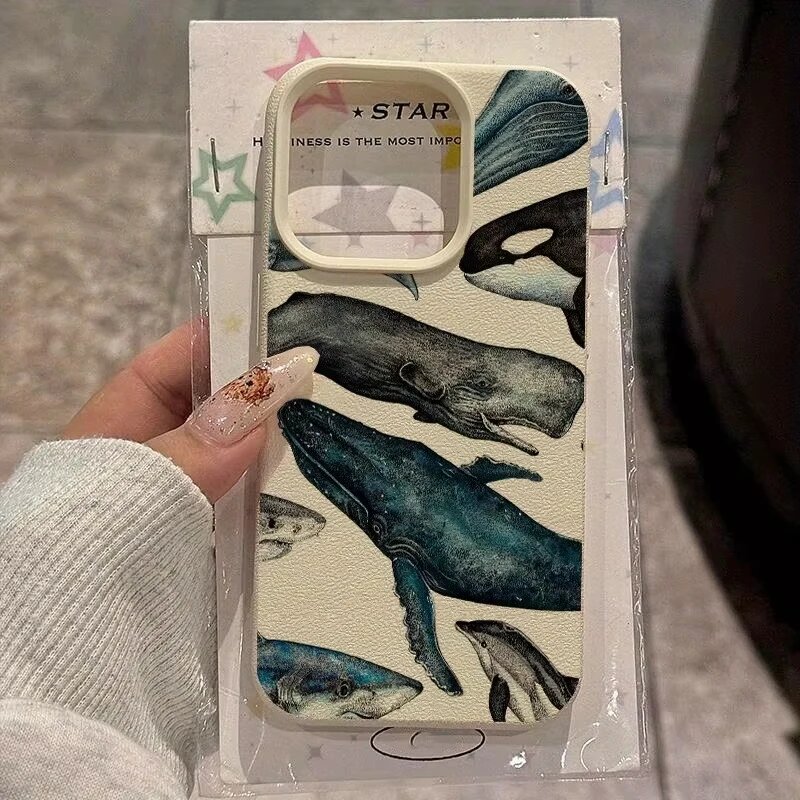 Чехол для телефона с ретро-узором в виде кита для iPhone 17 Pro Max 16 Plus 15 Pro 14 13 12 11 XS XR 17Air, мягкий чехол с текстурой личи