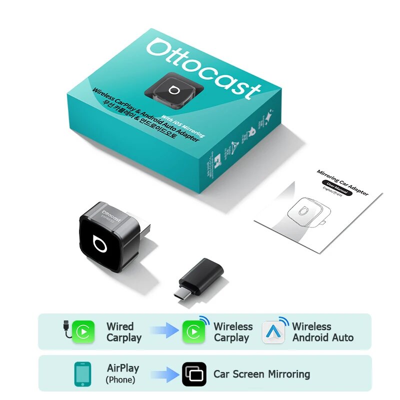 OTTOCAST MINI AIR Cube 4.0 Беспроводной адаптер CarPlay Android Auto 3-в-1 для дублирования экрана, автомобильные аксессуары для YouTube и TikTok