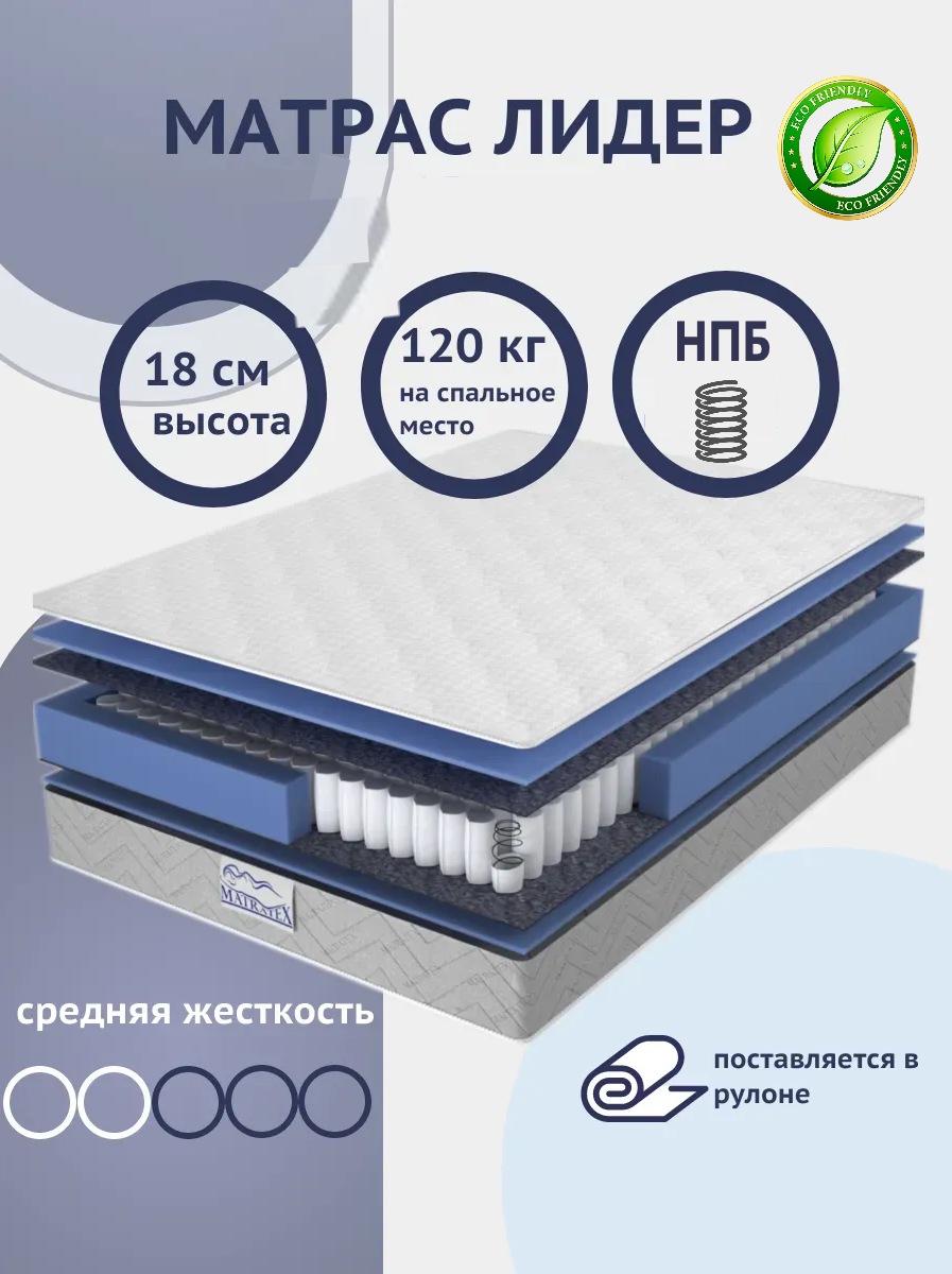 Matratex Матрас 180х200 , независимые пружины, ортопедический, двуспальный, двусторонний, лидер