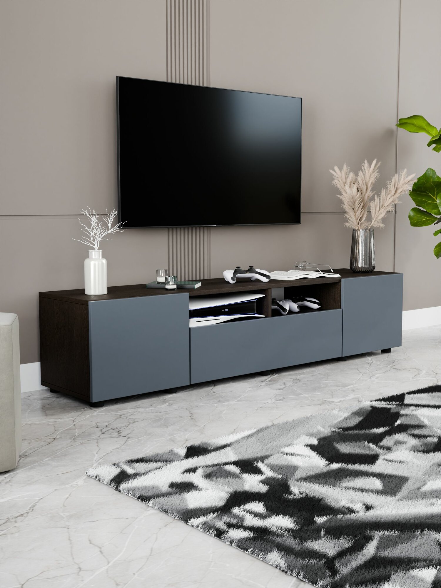 Тумба под телевизор горизонт 160х37.8х36.3 см, венге/ фасад графит