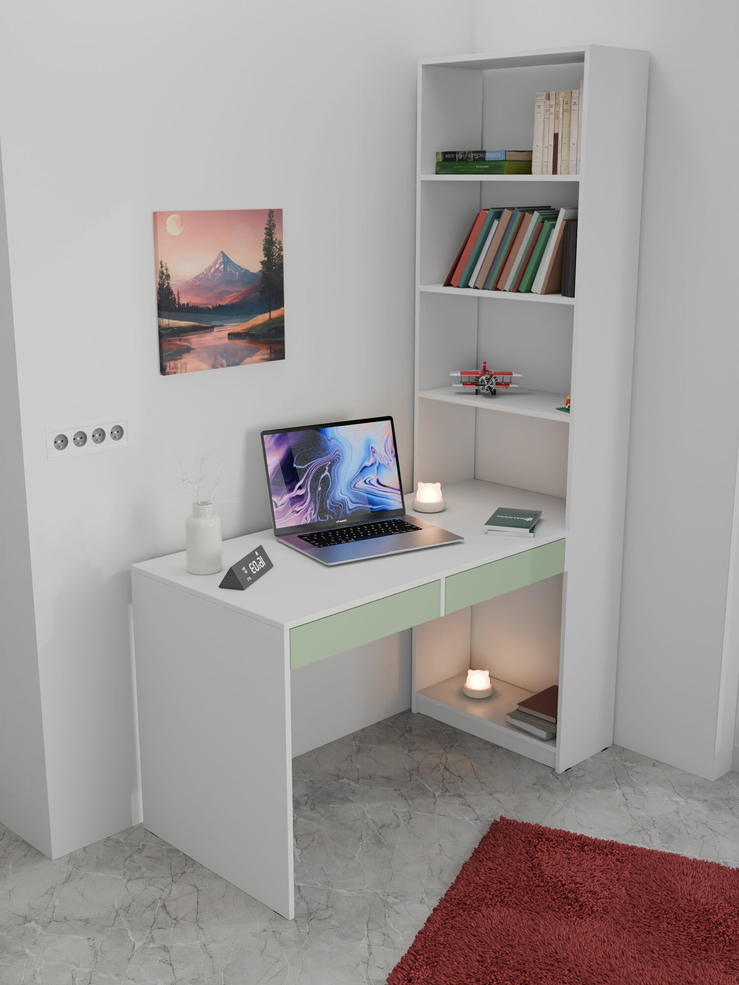 Изумлит Стол-стеллаж письменный угловой, стеллаж справа 200х130х59.2 см, белый-мятный