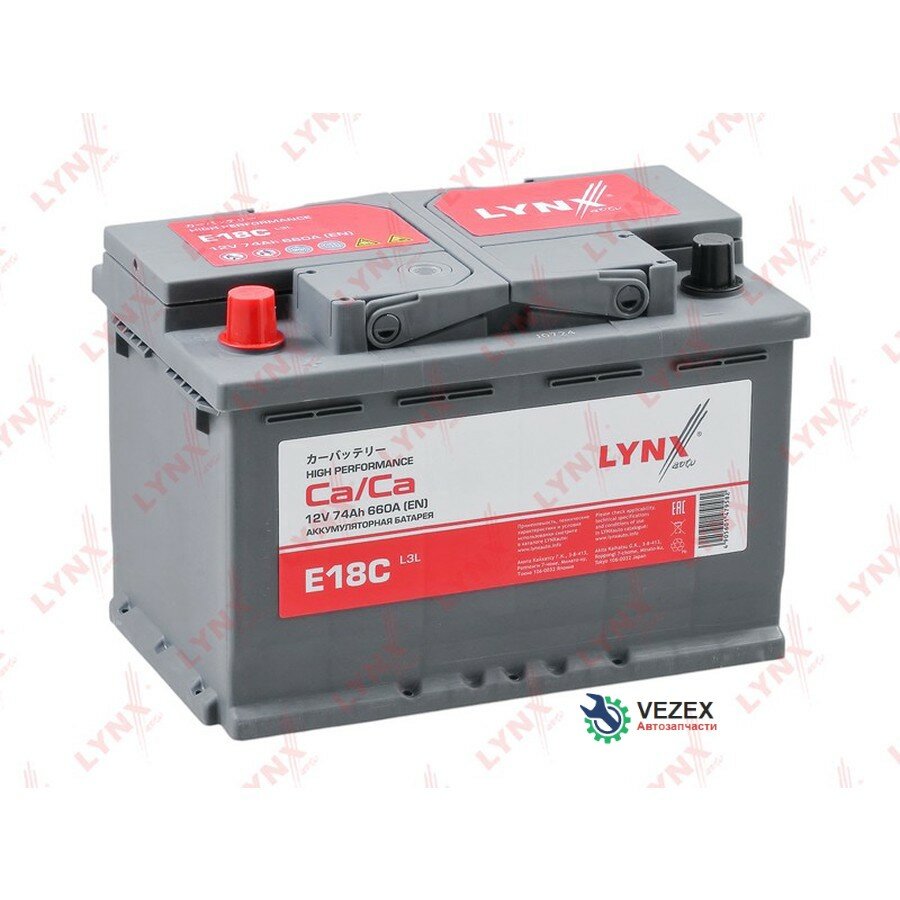LYNXAUTO E18C Аккумулятор L3L,74 Ah, 660 A, прямая, 275X174X189 ETN 57412L CADILLAC/CHEVROLET/CHRYSLER/DODGE/FORD/FORD USA/GREAT WALL/HYUNDAI/JEEP/LDV/LEXUS/NISSAN/OPEL/TOYOTA/UAZ