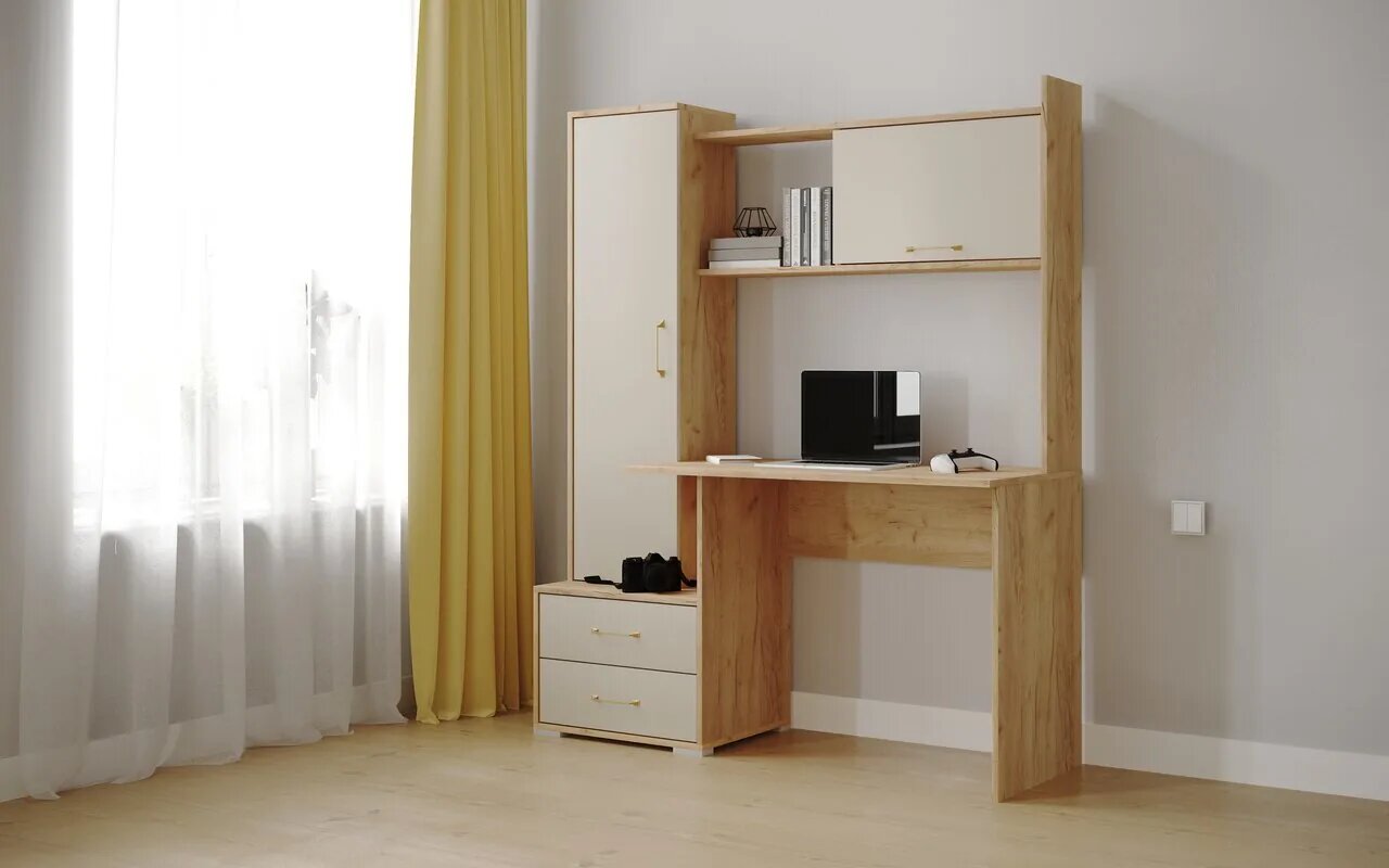 Стол компьютерный с надстройкой, ящиками и пеналом «Квартет-9» К ЛДСП (Дуб крафт золотой/Кашемир) 140х55х172