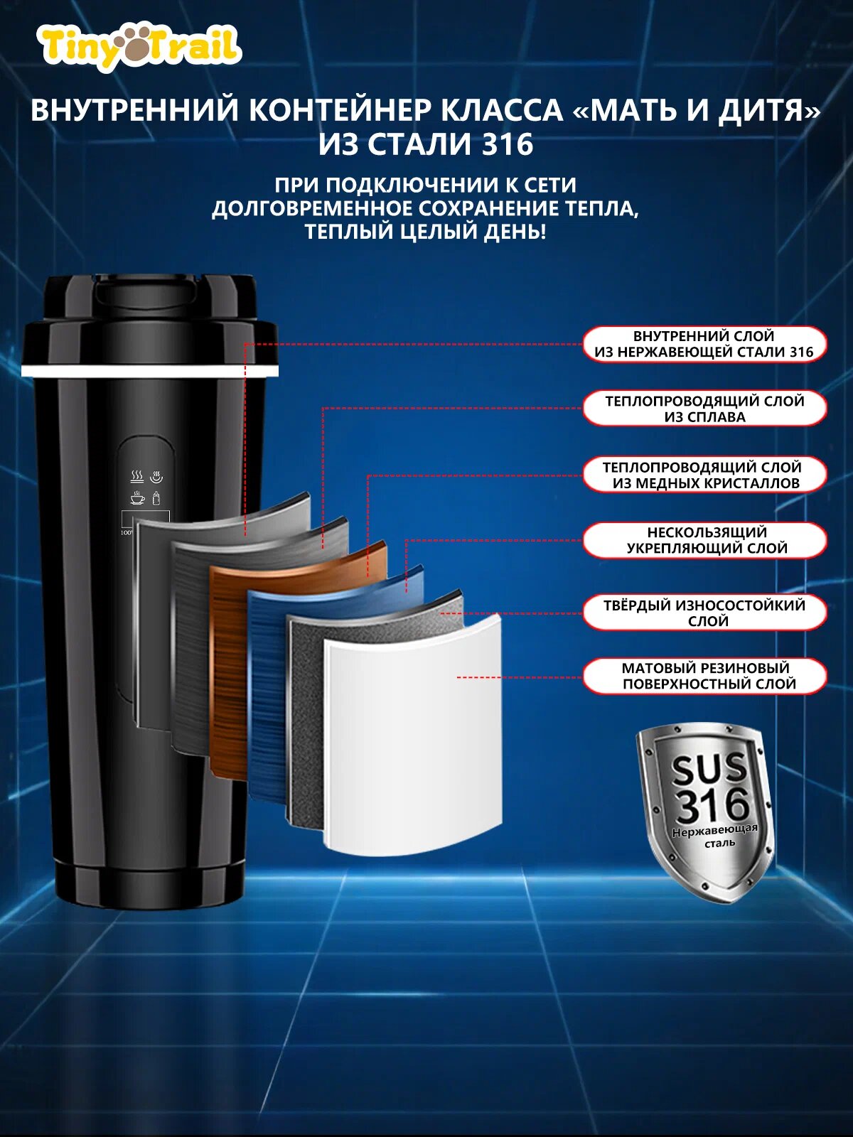 Автомобильный чайник от прикуривателя, 12B-24B, 500мл, черный — фото 1