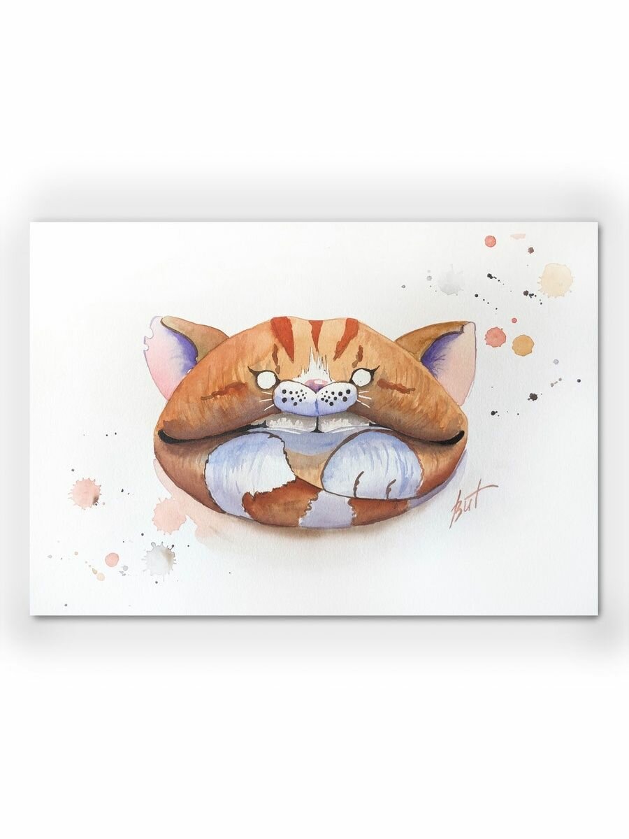 Картина "Рыжий кот Губы", акварель, бумага, хлопок, 21x30 см