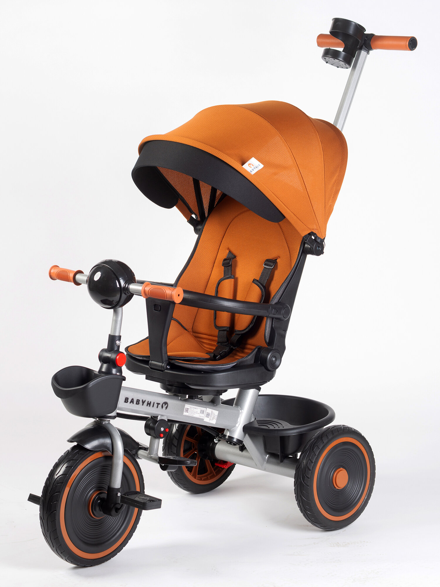 Велосипед-Коляска BabyHit Kidway GT, 3 колеса, для детей от 1.5 лет, трехколесный, с ручкой, коричневый