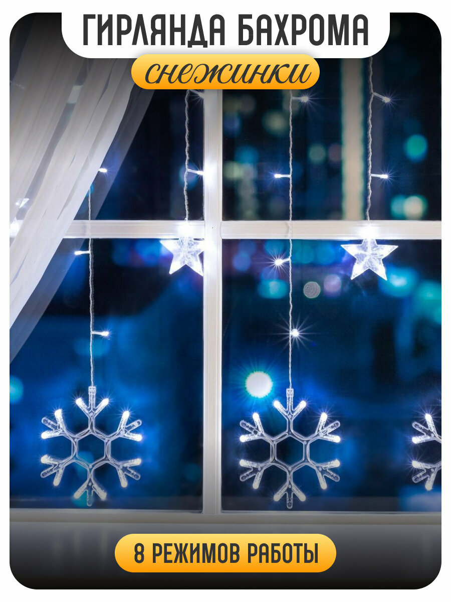 Бахрома DECOR. "Снежинки", IP20, Ш:2.4 м, В:0.9 м, Н. С. LED-150-220V, 8 режимов, белый