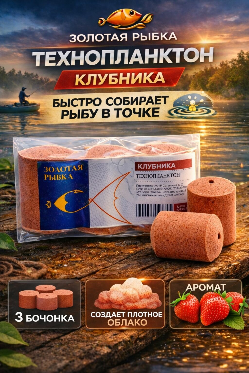 Прикормка технопланктон "Клубника" для карася и карпа, брикет для пружины и фидера, пылящий для холодной воды