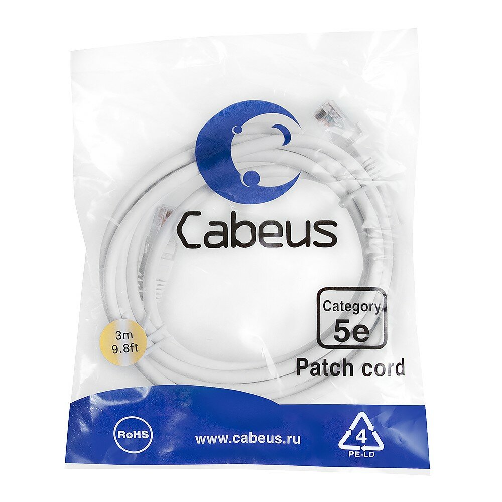 Патч-корд интернет кабель Cabeus PC-UTP-RJ45-CAT.5E-3M-WH-LSZH U/ UTP cat.5e 3 м Белый