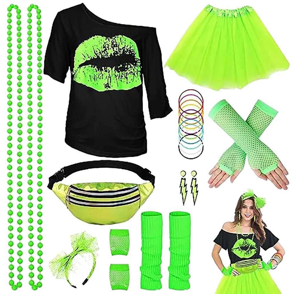 Женский костюм для дискотеки 80-90 годов Зеленый, XXL, B