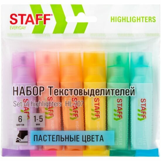 Набор текстовыделителей Staff 6 пастельных цветов, "EVERYDAY HL-707", линия 1-5 мм, скошенный наконечник, 152551