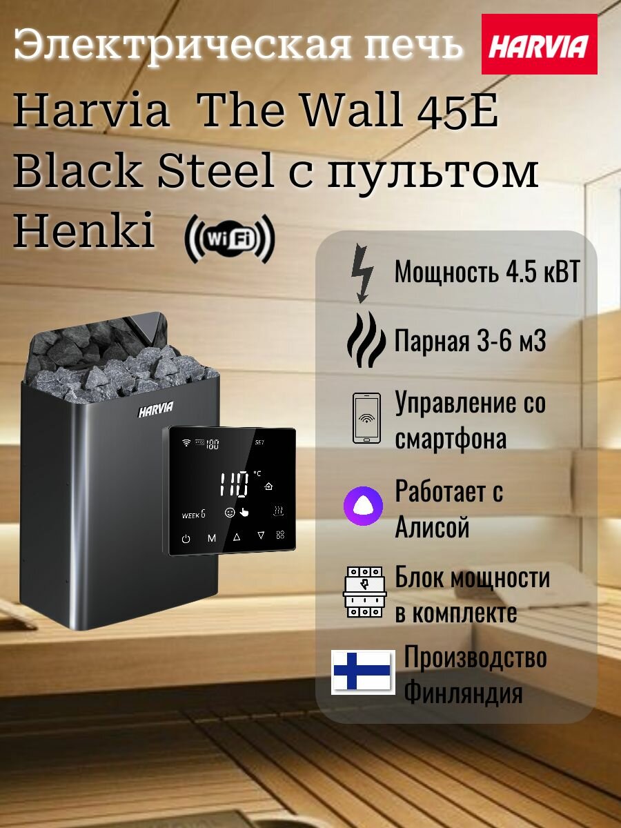 Электрическая печь Harvia The Wall SW45E Black Steel в комплекте с пультом Henki WIFI