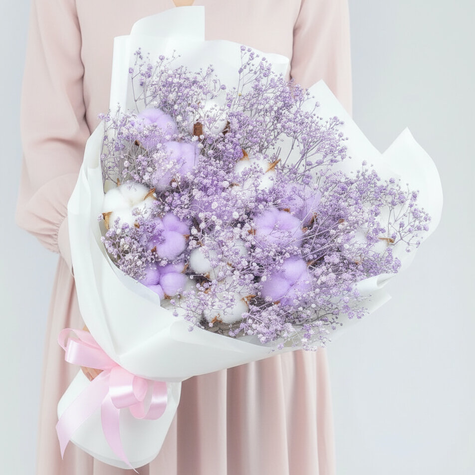 Дуо-букет из сухоцветов Мегацвет24 "Сиреневый Иней", хлопок и гипсофила, дизайнерская упаковка