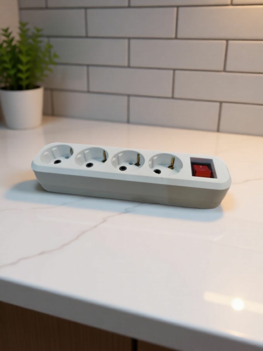 Колодка 4 гнезда с заземлением и кнопкой