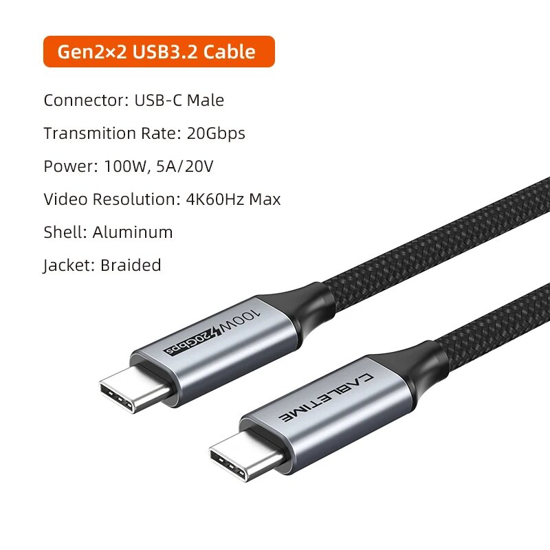 Кабель CABLETIME USB C Gen 2, 20 Гбит/с, PD100W, Кабель USB Type C Для Быстрой Зарядки Ноутбуков 2m