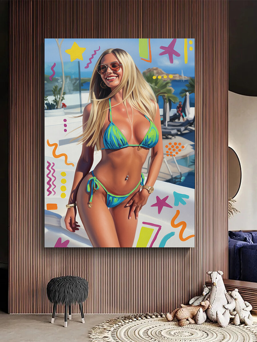 Картина на холсте - "Девушка 18+, бикини, в красивом белье женщина 18+" , 40х60 см.