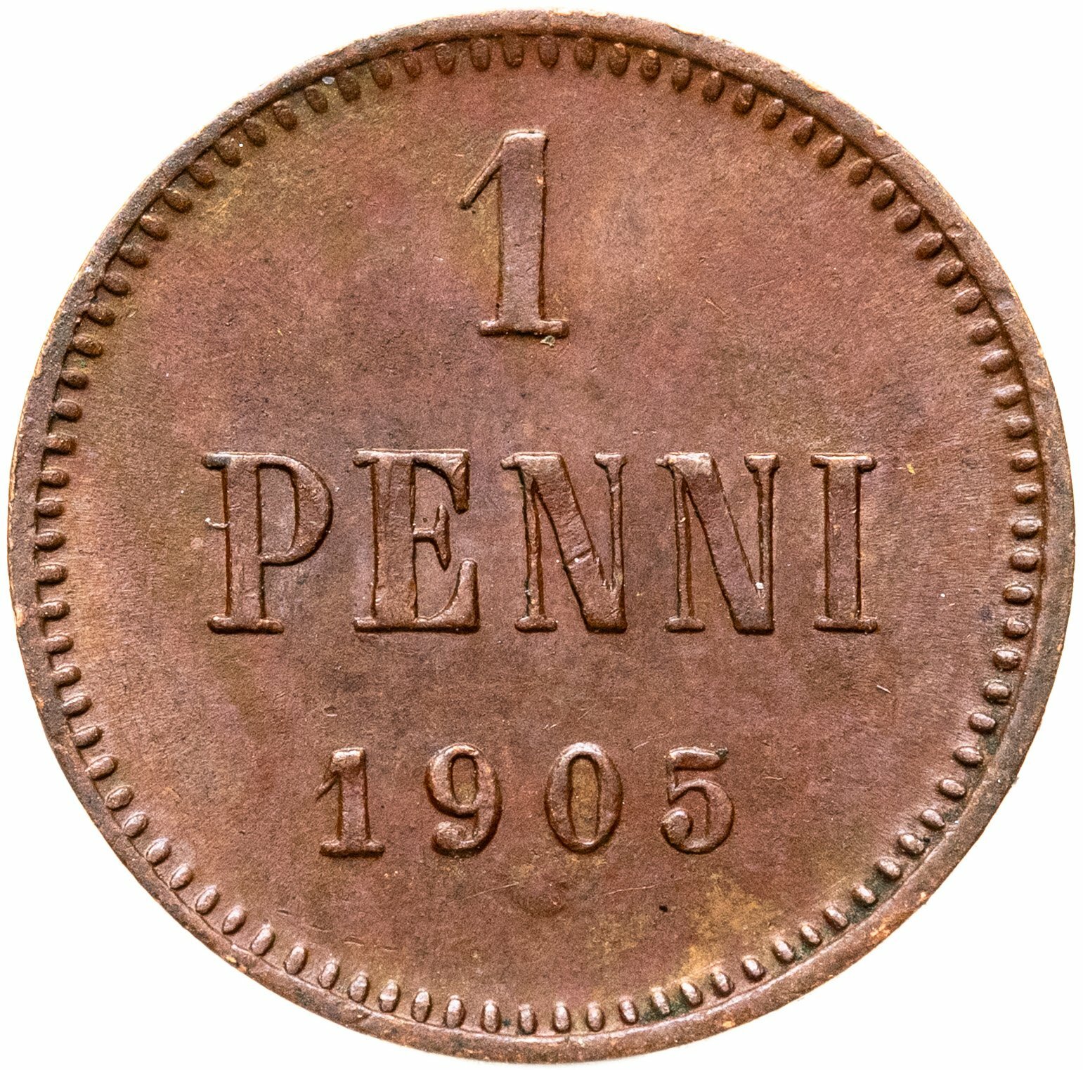 1 пенни penni 1905 Российская Финляндия, Медь, в сохранности AU