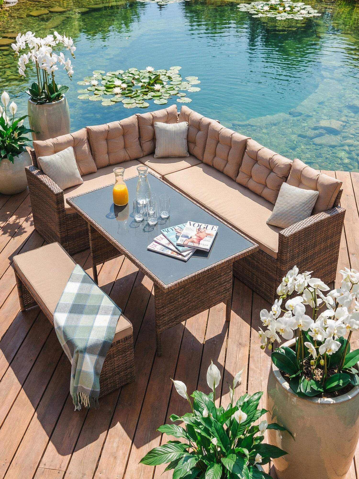 Угловой комплект для обеда и отдыха из искусственного ротанга Римини-7 (Rimini-7) левый угол(L), капучино, бежевые