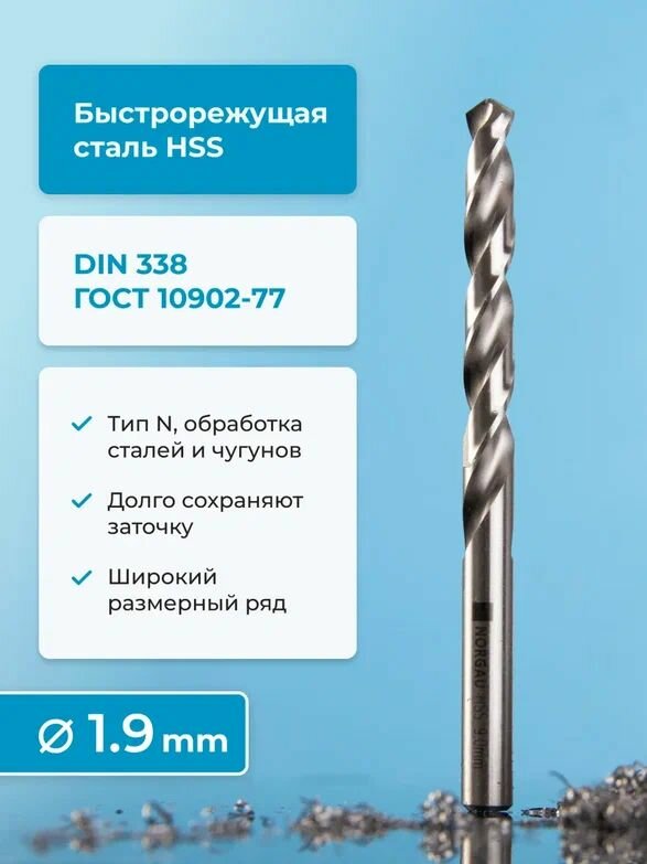 Сверло по металлу NORGAU Industrial HSS спиральное правое с шлифованным профилем, DIN338, 1.9 мм