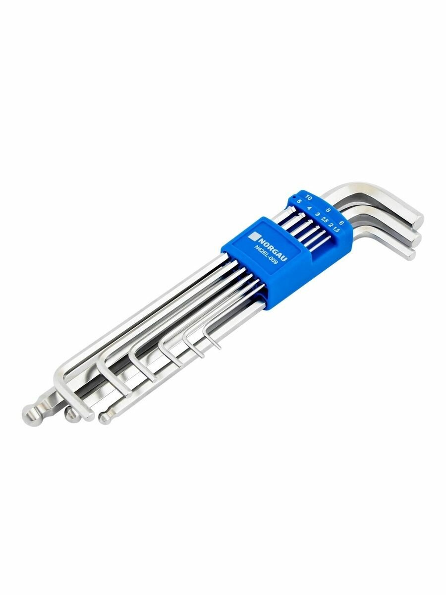 Набор удлиненных шестигранных хромированных ключей NORGAU Industrial 55-60 HRC в держателе с маркировкой, 9 шт