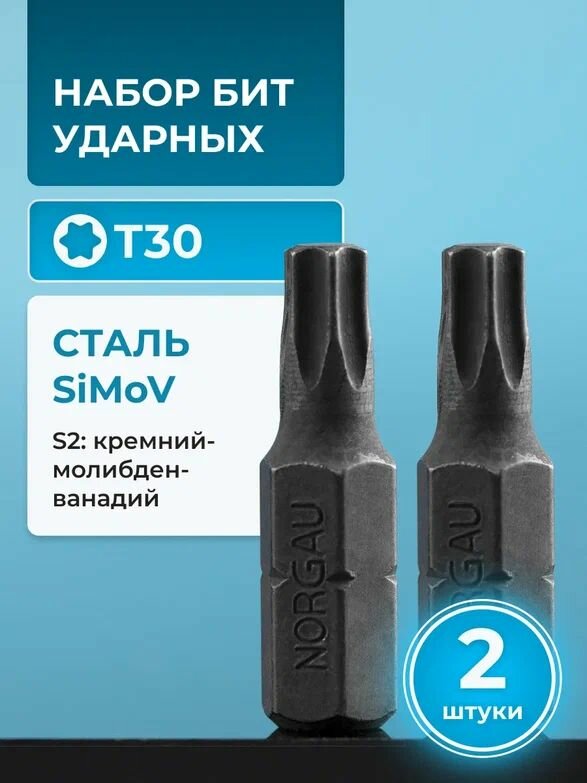 Набор бит 2 шт ударных Torx Т30 NORGAU Industrial из высокопрочной SiMoV стали S2, для ударной отвертки с шестигранником 5/16"