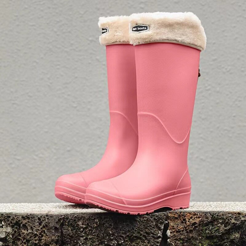 Новые модели мужских и женских высоких резиновых сапог, резиновых сапог на толстой подошве для активного отдыха, сапог для ходьбы по воде, нескользящей обуви для воды на флисовой подкладке. Размер обуви. EU:41