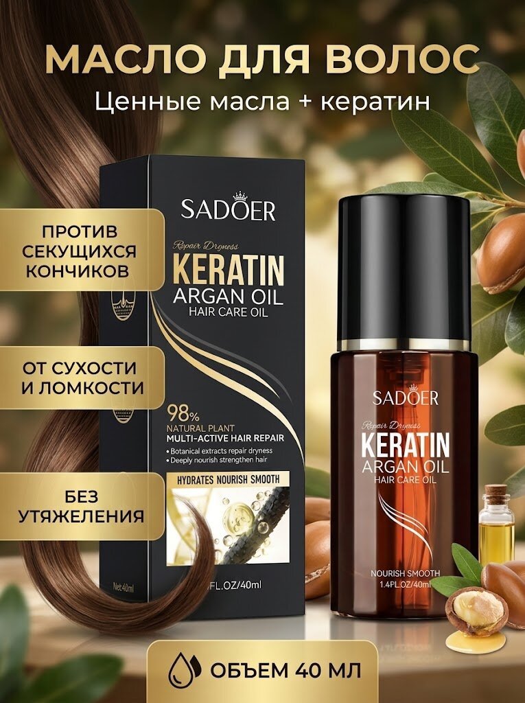 Масло для волос KERATIN ARGAN OIL профессиональное несмываемое, 40 ml