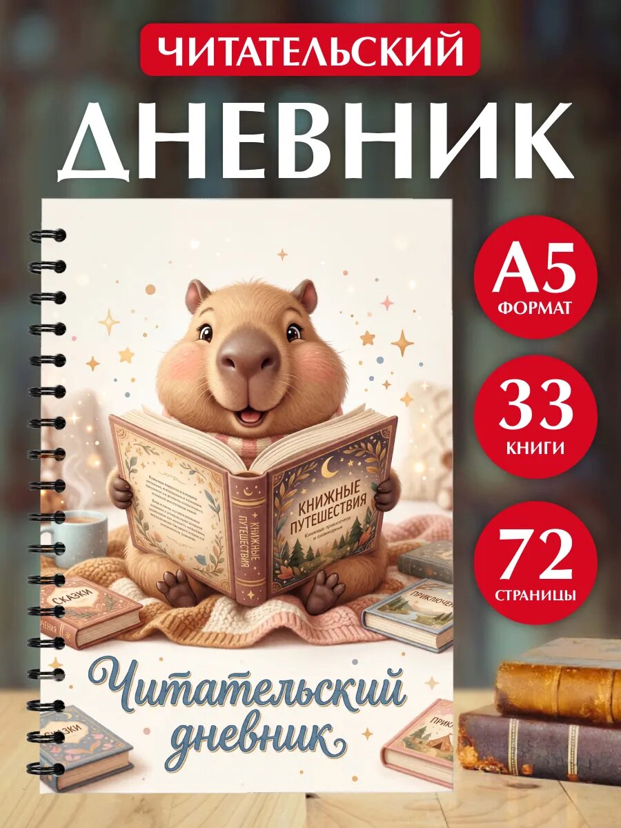 Читательский дневник для девочек, мальчиков и взрослых "Капибара", рассчитан на 33 Книги