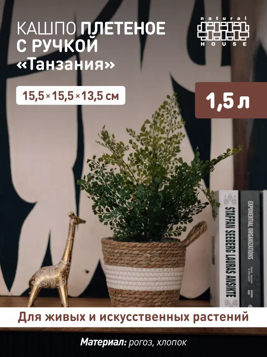 Кашпо для цветов с ручкой Танзания Natural House, 1,5 л / Плетеное кашпо для декора интерьера / цвет: натуральный