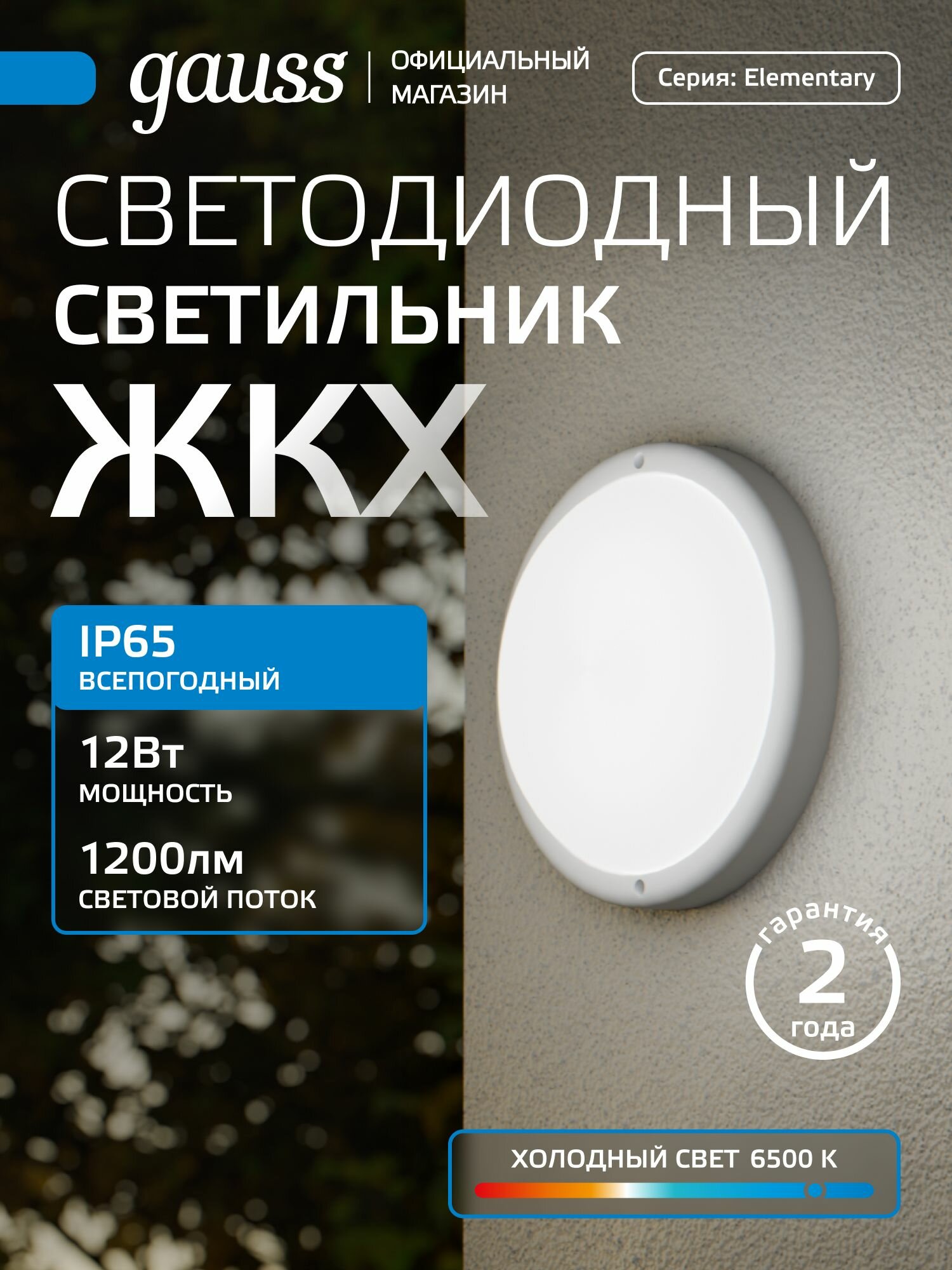 Светильник накладной LED 12W 6500K 220V IP65 D140x48 ЖКХ круг Gauss Elementary