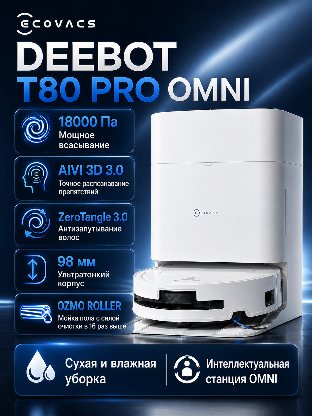 Робот-пылесос ECOVACS DEEBOT T80 PRO OMNI White EU, 18000 Па, самоочистка, горячая мойка и сушка