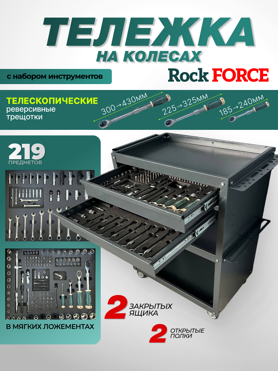Тележка инструментальная с набором инструментов Rock Force 219 пр. с телескопическими трещотками