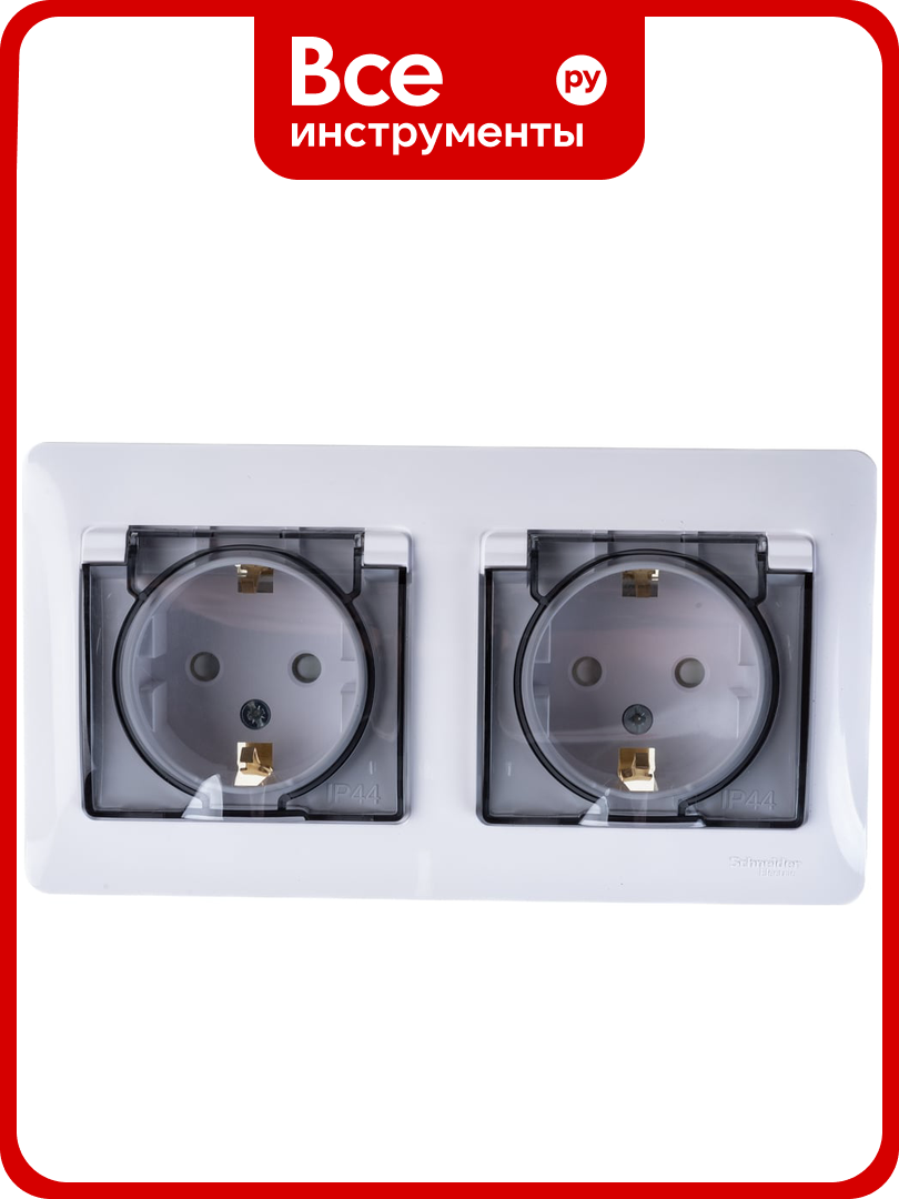 Двухместная скрытая розетка Systeme Electric Glossa 16А с заземлением и защитными шторками, IP44, белая, в комплекте,
