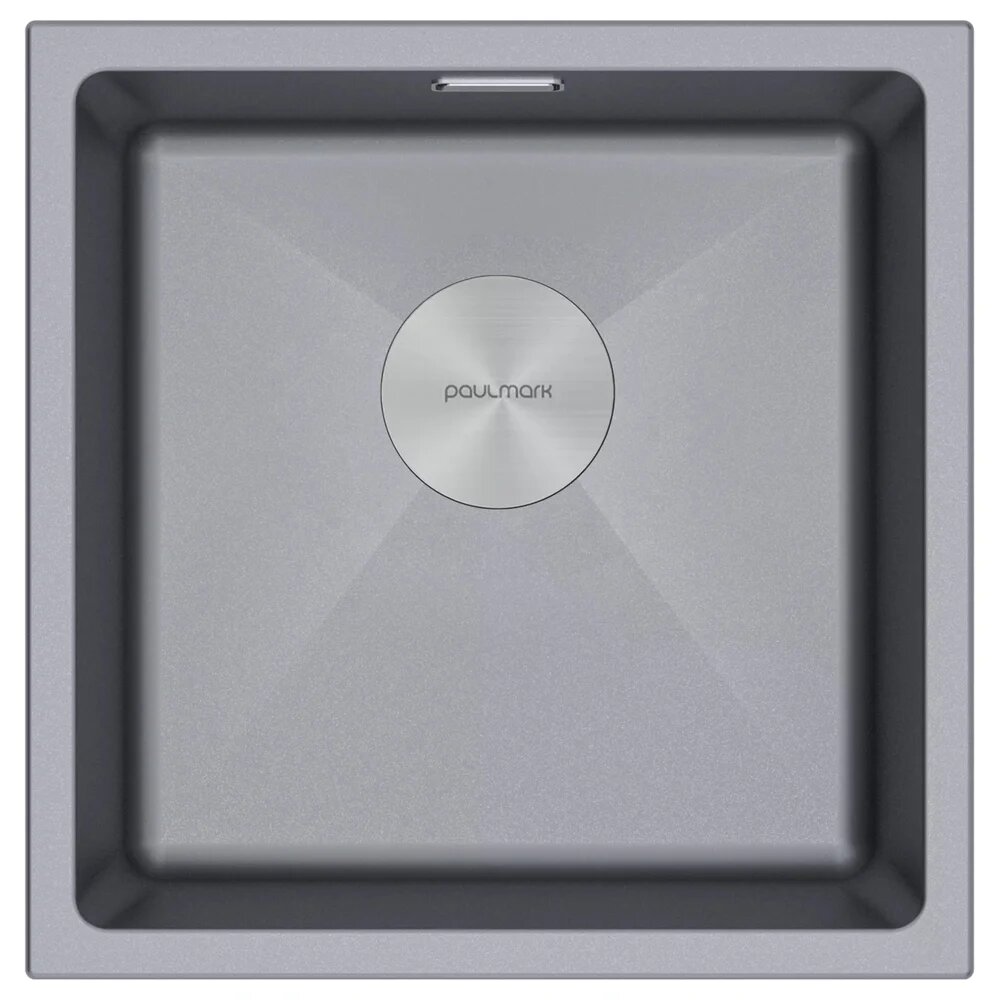 Мойка кухонная Paulmark Lumi LU45-GRM гранитная, 45x46, квадратная, серая, матовая, мойка для кухни, встраиваемая снизу, с сифоном, со сливом-переливом