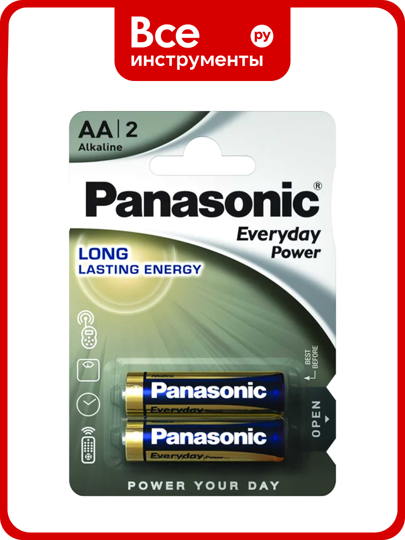 Щелочная батарейка LR6 AA Everyday Power 1.5В бл/2 Panasonic, алкалиновый элемент для бытовой техники