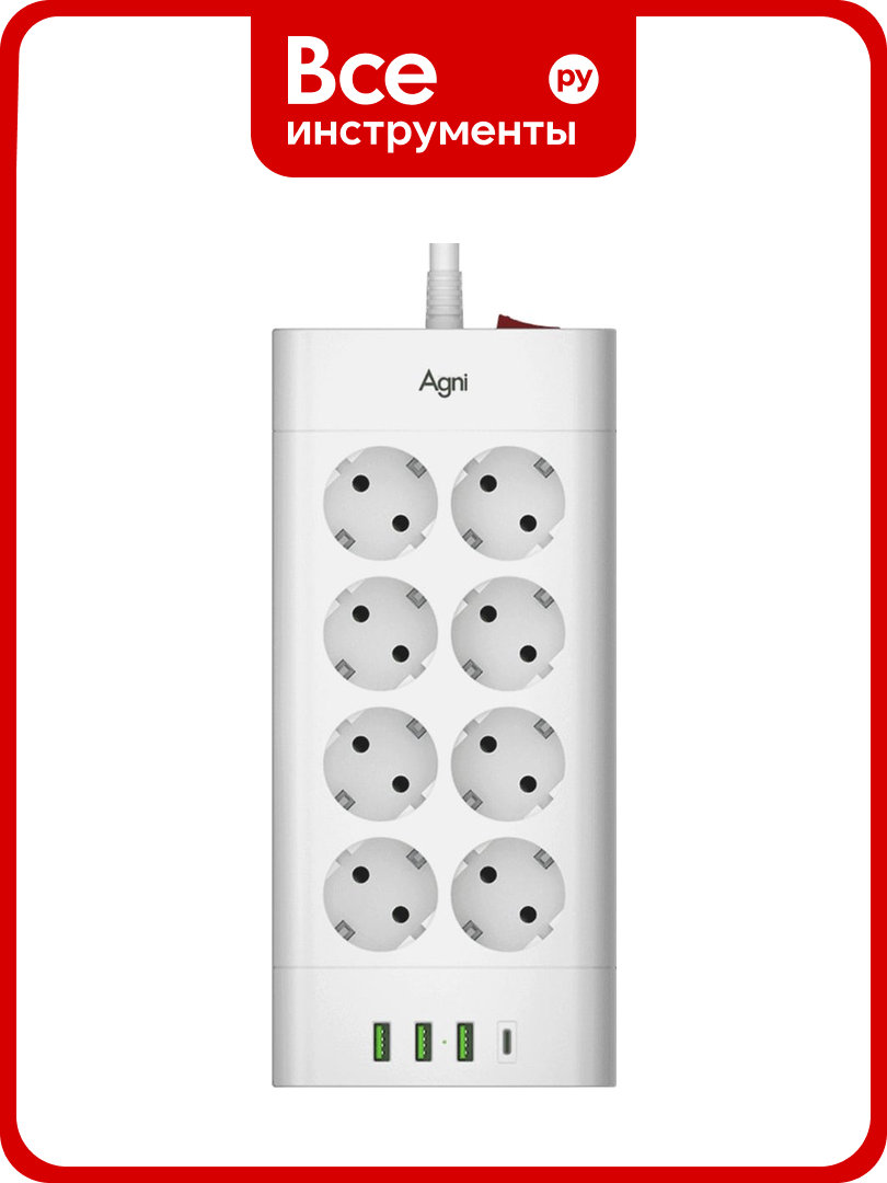 Сетевой фильтр AGNI плоский, 8 розеток, кабель 5м, 3USB, 1TYPE-C 20W, белый TP-FA4U8E-C-5m-white, из розеток