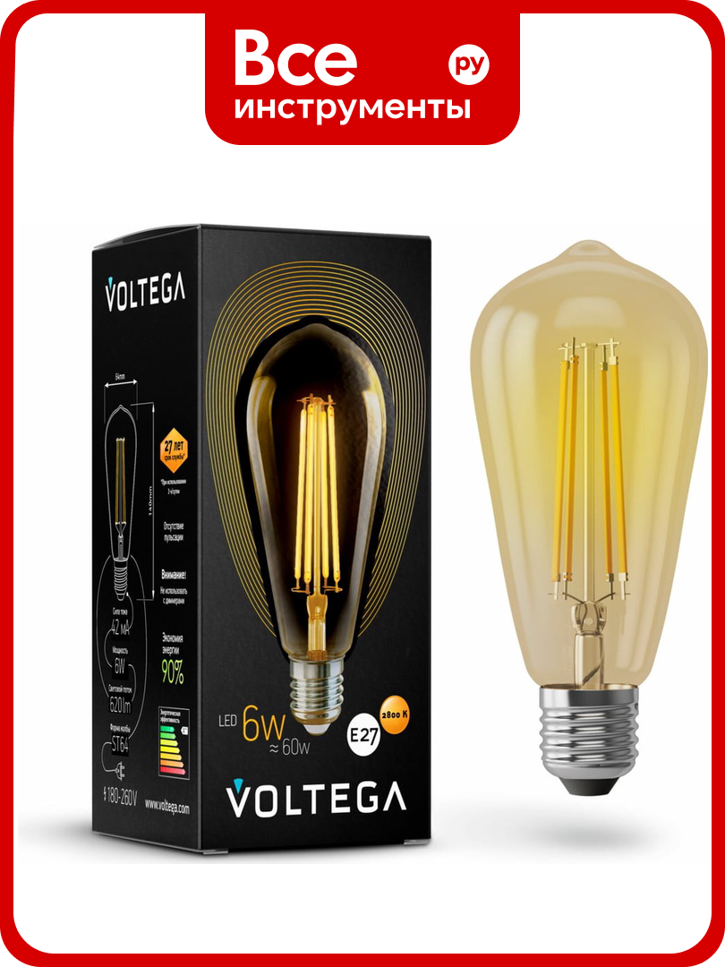 Светодиодная лампа VOLTEGA Колба ST64 GOLD 6W Е27 2800К 5526