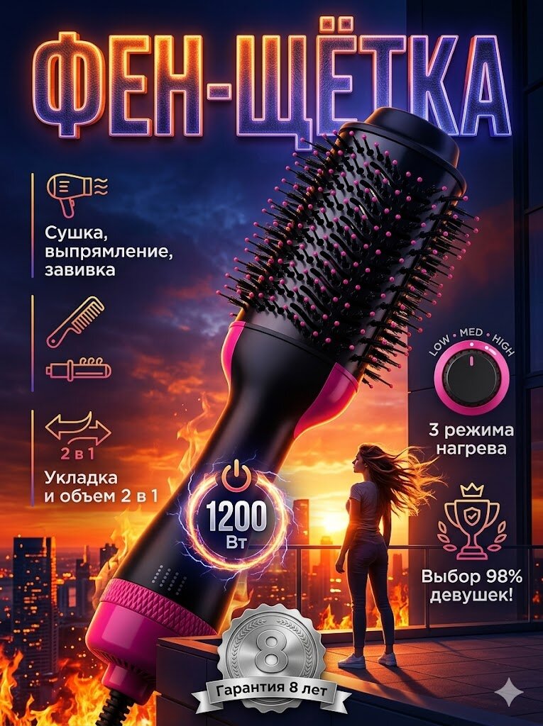 Фен-щетка для волос / Расческа с ионизацией One Step Фен-щётка (расчёска-фен) для волос Hair Dryer 3 в 1