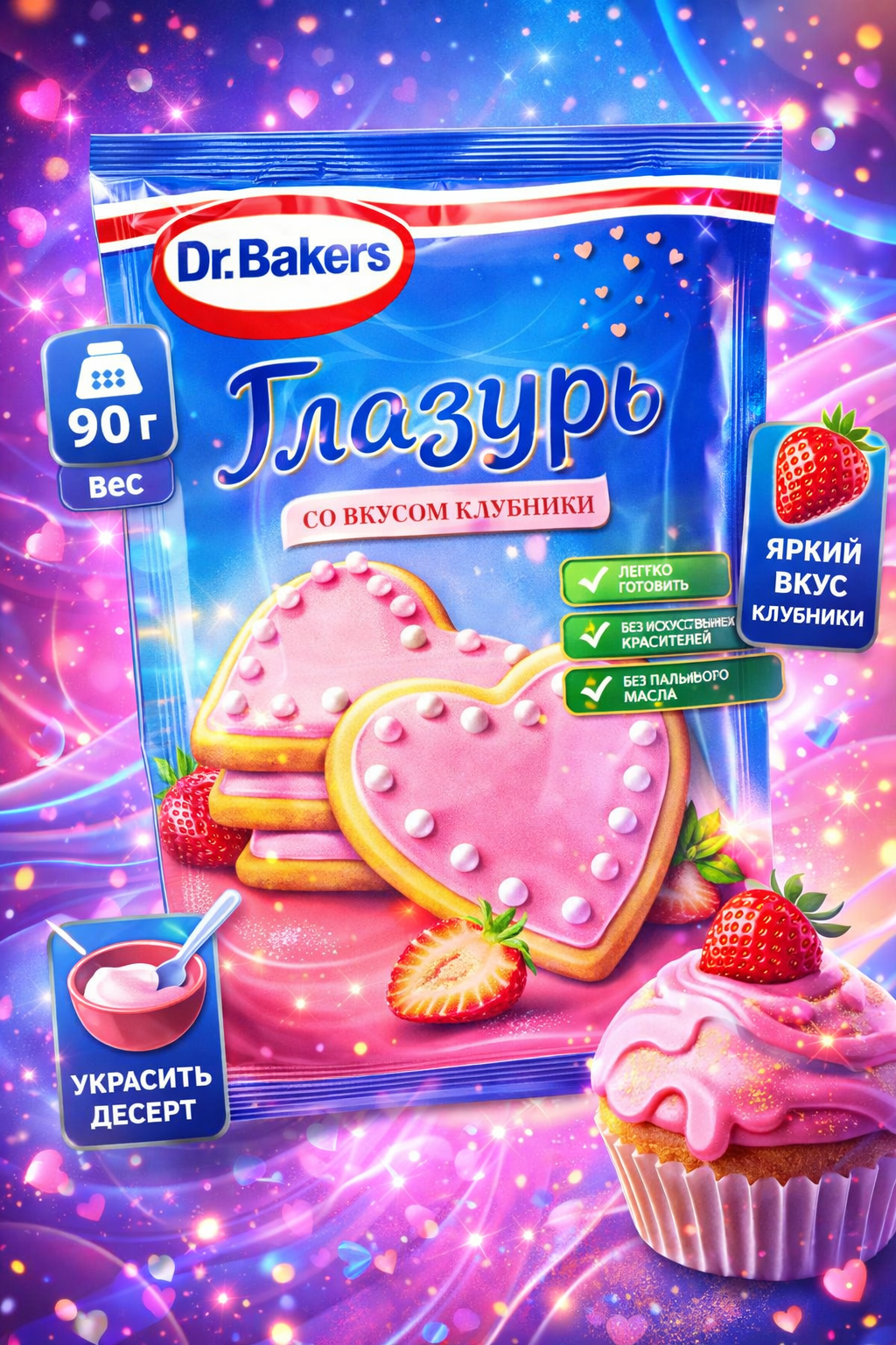 Глазурь сахарная DR.BAKERS со вкусом клубники, 90г